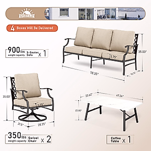 SUNSHINE VALLEY Patio Furniture Set, 4 Piece Modern Metal Outdoor Patio Furniture, 3 Seater Couch, 2 swivel Chairs, Coffee Table and 5.75" Extra Thick Cushion, Patio Conversation Set for Backyard Deck