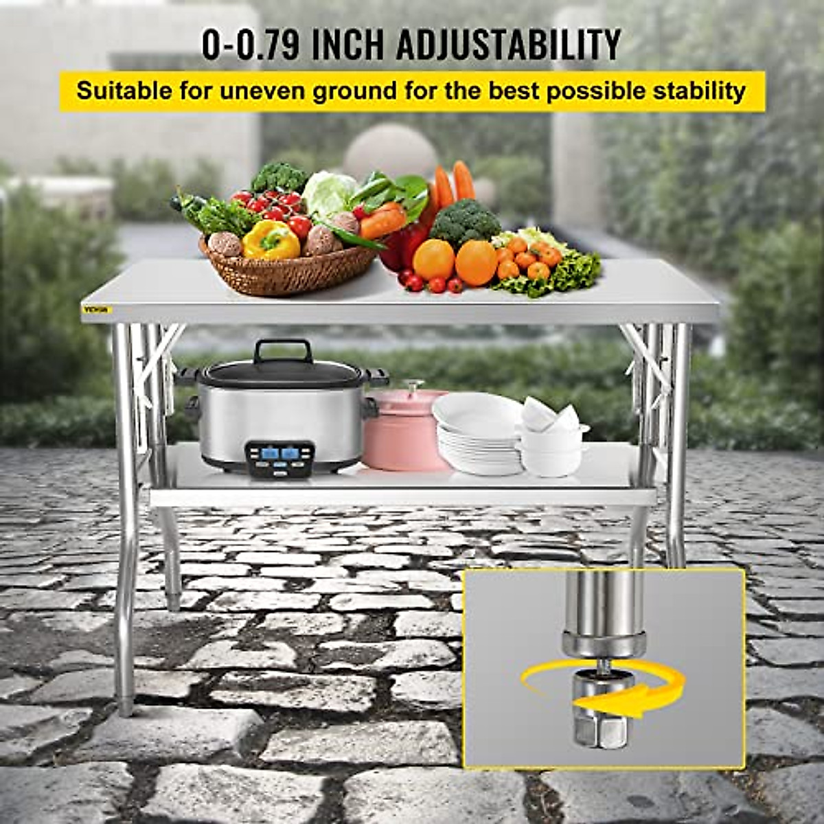 VEVOR Commercial Worktable Workstation 48 x 24 Inch Folding Commercial Prep Table, Heavy-duty Stainless Steel Folding Table with 772 lbs Load, Kitchen Work Table, Silver Stainless Steel Kitchen Island