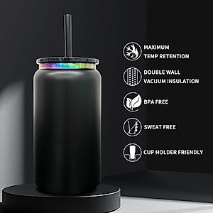 Glass Cups with Lids and Straws, 16 oz Stainless Steel Cups, Insulated Skinny Tumbler, Powder Coated Travel Mugs for Laser Engrave, Iced Coffee Cup for Smoothie Water DIY Gift (Black,1 pack)