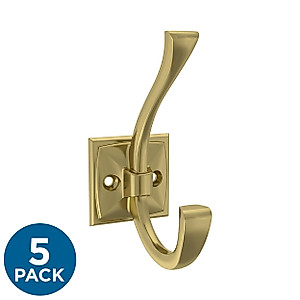 Franklin Brass Ruavista (5-Pack) Coat and Hat Wall Hooks Double Hooks for Hanging Satin Gold Wall Mount Hanger Backpack, Purse, Bag, Towel Organization Decorative Wall Hooks B48022K-SG-C
