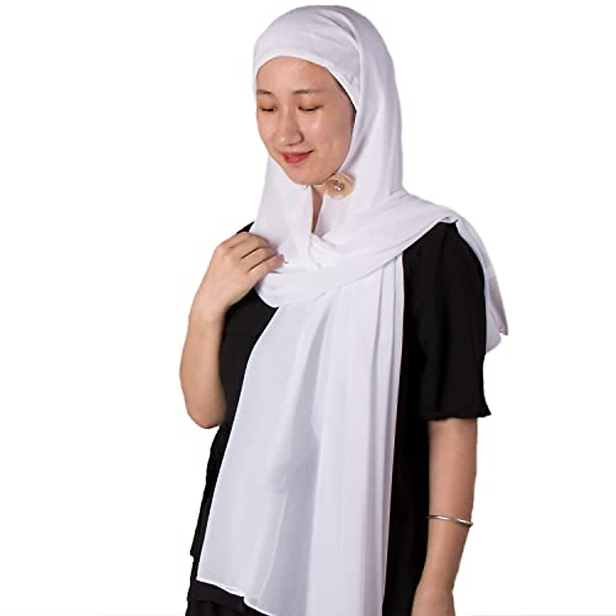 Yeieeo Women's Pre-Sewn Head Scarf Wrap Shawls Stretch Scarf Hijab Cap Chiffon Scarf with Under Caps for Hijabs (White)