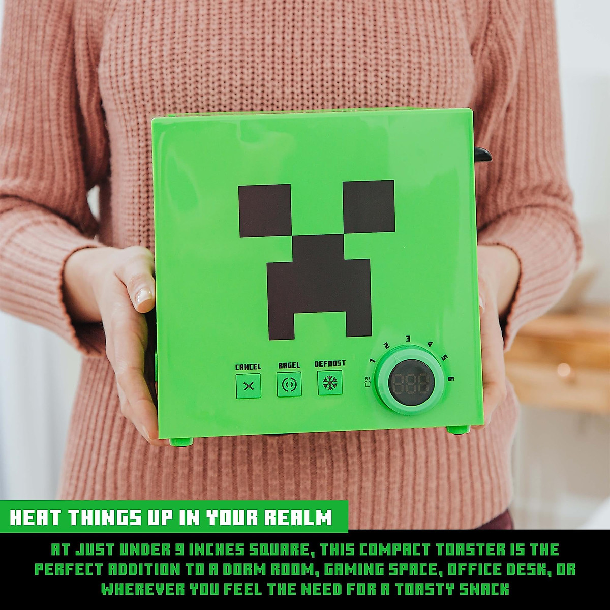 Minecraft Green Creeper 2-Slice Toaster For Bagels, Waffles, and Breads | Features 6 Settings With Defrost Option | Imprints Creeper Symbol On Bread