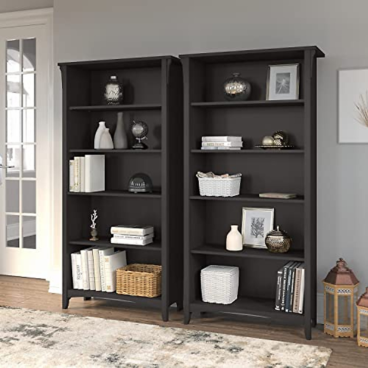 Bush Furniture Salinas 5 Shelf Bookcase - Set of 2 | Large Open Bookcase with 5 Shelves in Vintage Black | Sturdy Display Cabinet for Library, Bedroom, Living Room, Office | Tall Accent Shelf