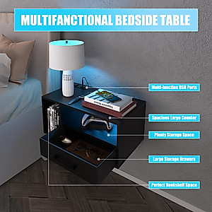 Bloddream Floating Nightstand with Charging Station and LED Light Strips, 21.3" Night Stand with Drawers, Floating Bedside with USB Ports and Outlets, Bedroom Furniture, Black