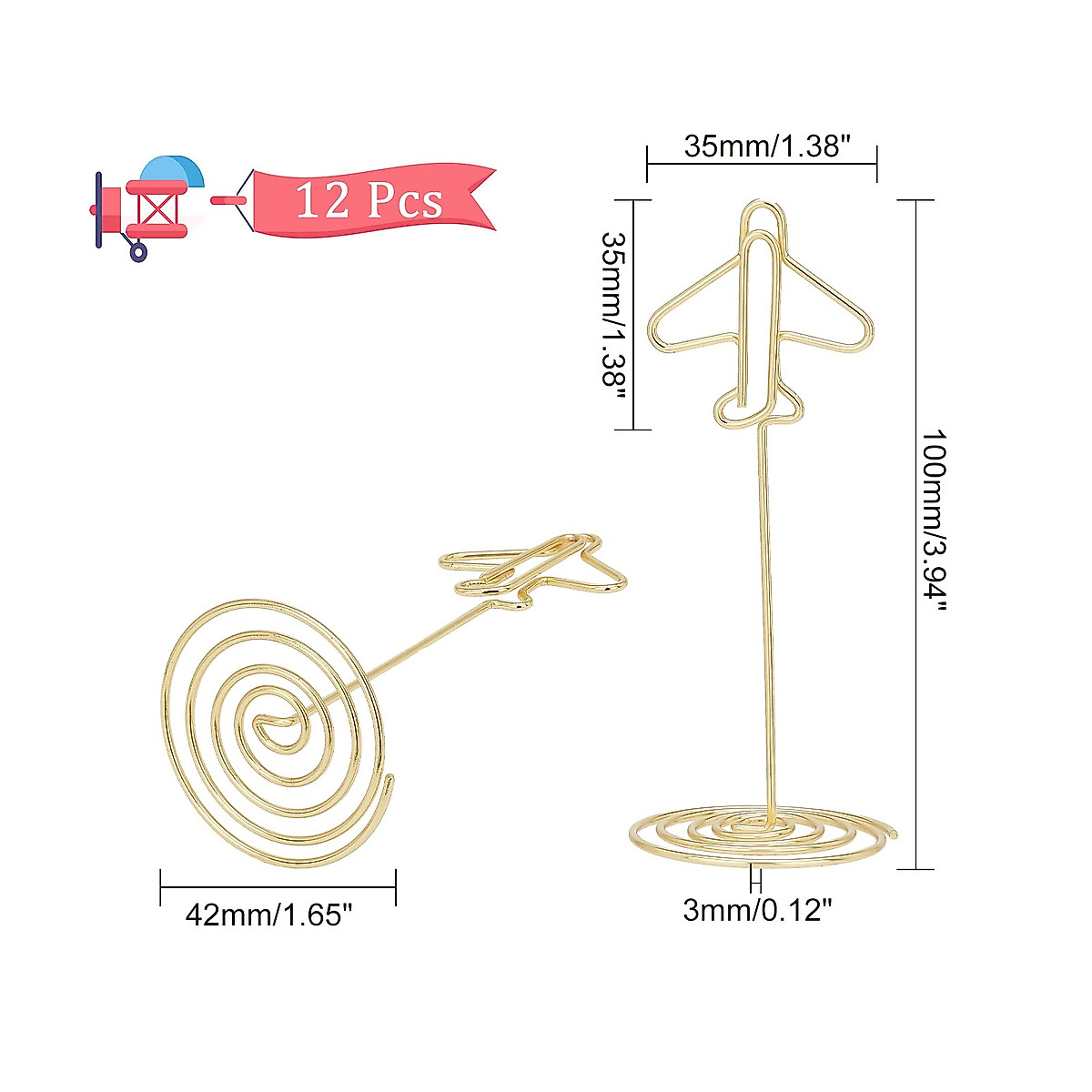 CHGCRAFT 12Pcs Tall Table Number Holder Place Card Holder Airplane Shape Metal Name Card Holder Stands for Photos Food Signs Memo Wedding Party Restaurants, Light Gold, 100x42mm