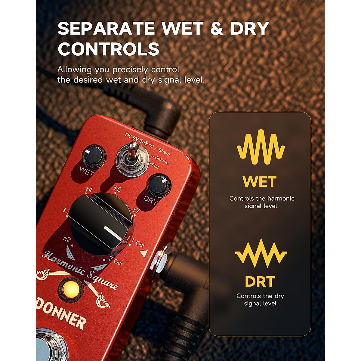 Donner Octave Guitar Pedal, Harmonic Square Digital Octave Mini Pedal Pitch Shifter 7 Shift Types 3 Tone Modes Sharp Detune Flat True Bypass