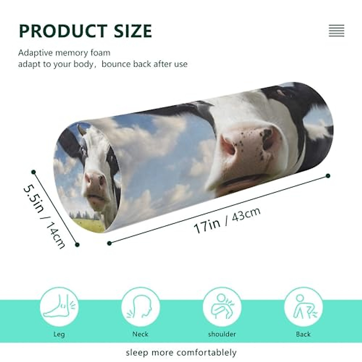 xigua Milk Cow Neck Roll Pillow for Neck Relief with Removable Washable Cover - Memory Foam Round Cylinder Bolster, Ergonomically Designed for Head, Neck, Back, and Legs