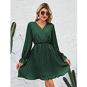 Ondogdog Women's Wrap V-Neck Dress Wedding Guest Casual Pleated Long Sleeve Mini Dress Green