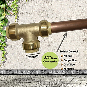 HQMPC 3/4" Pex Tee Push Fit Plumbing Fitting, Push-to-Connect, Brass, 12 Pack