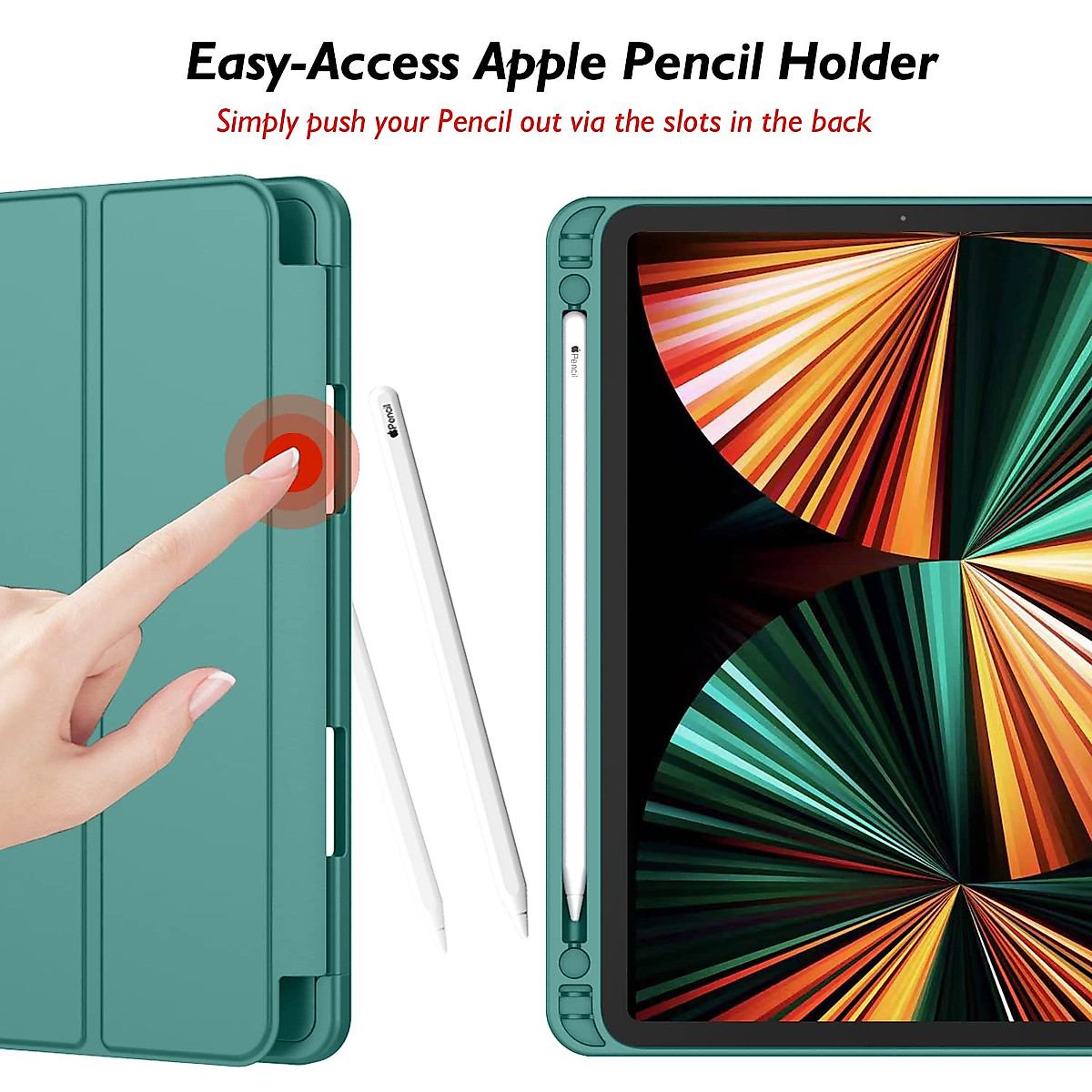 iMieet New iPad Pro 12.9 Case 2022(6th Gen)/2021(5th Gen) with Pencil Holder [Support iPad 2nd Pencil Charging/Pair],Trifold Stand Smart Case with Soft TPU Back,Auto Wake/Sleep(Forest Green)