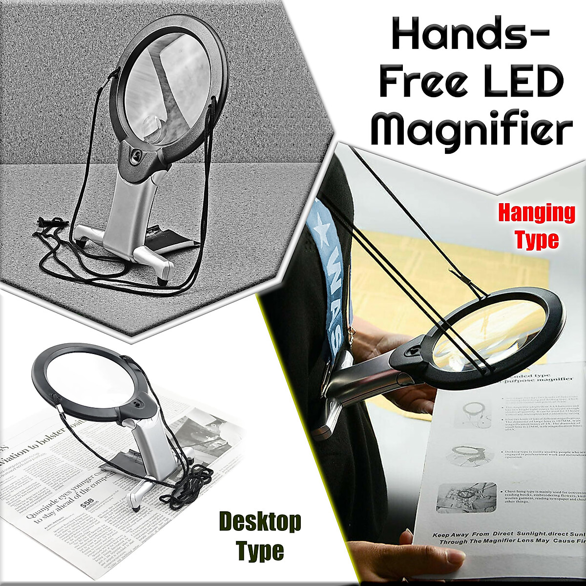 ARSUK Magnifying Glasses with Light, Hands-Free Neck Magnifier for Reading Sewing Cross Stitching Needlework Crafts Hobby Jewelry Repair, 2X 6X Magnification Hanging Cord & Desk Stand