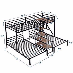 BOVZA Twin Size L-Shaped Metal Triple Bunk Bed with Storage Stairs, Twin Over Twin & Twin Triple Bunk Beds for 3 Kids Teens Girls Boys, Black