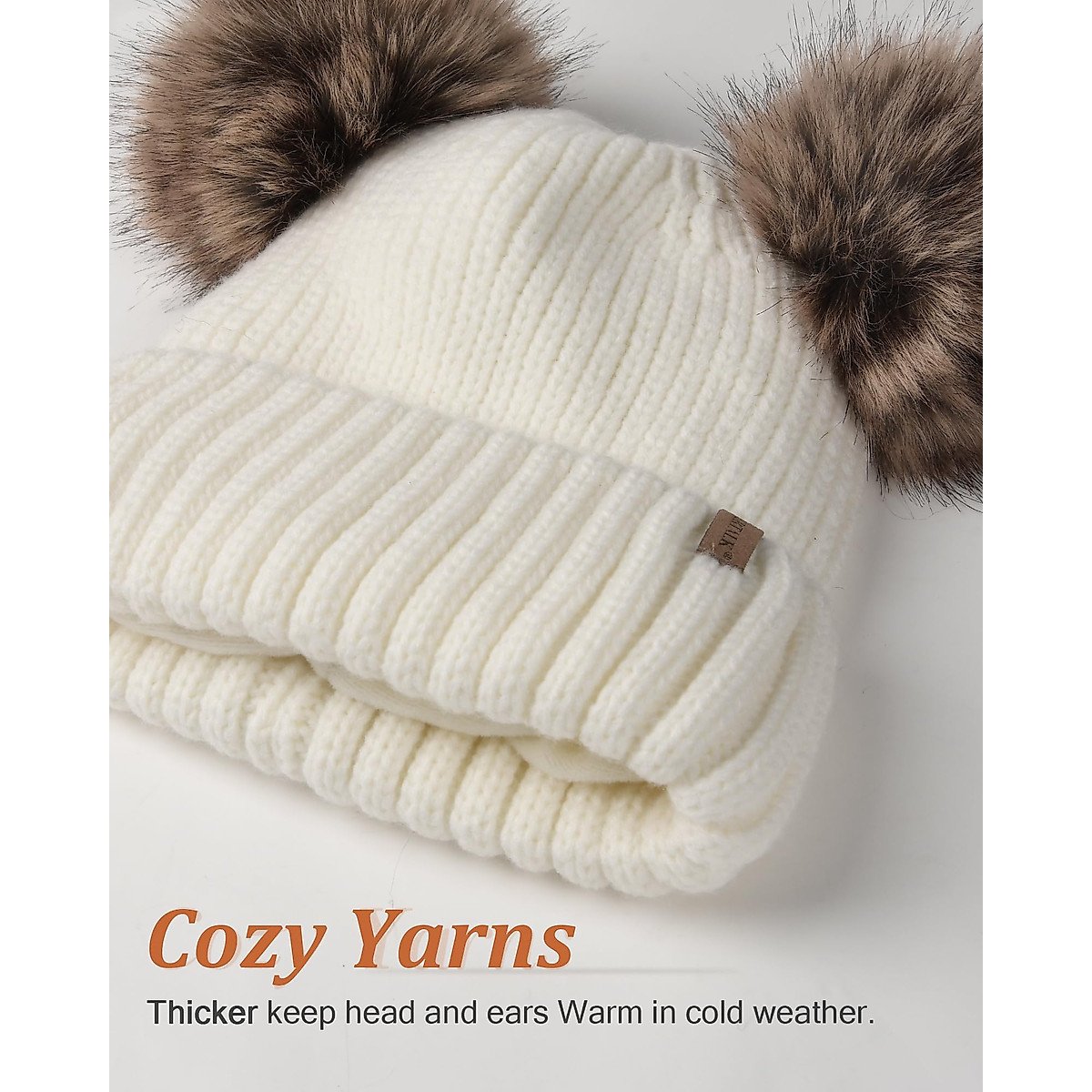 FURTALK Fleece Lined Cute Winter Beanie Hats for Women Girls Warm Knit Hats with Double Faux Fur Pom Poms