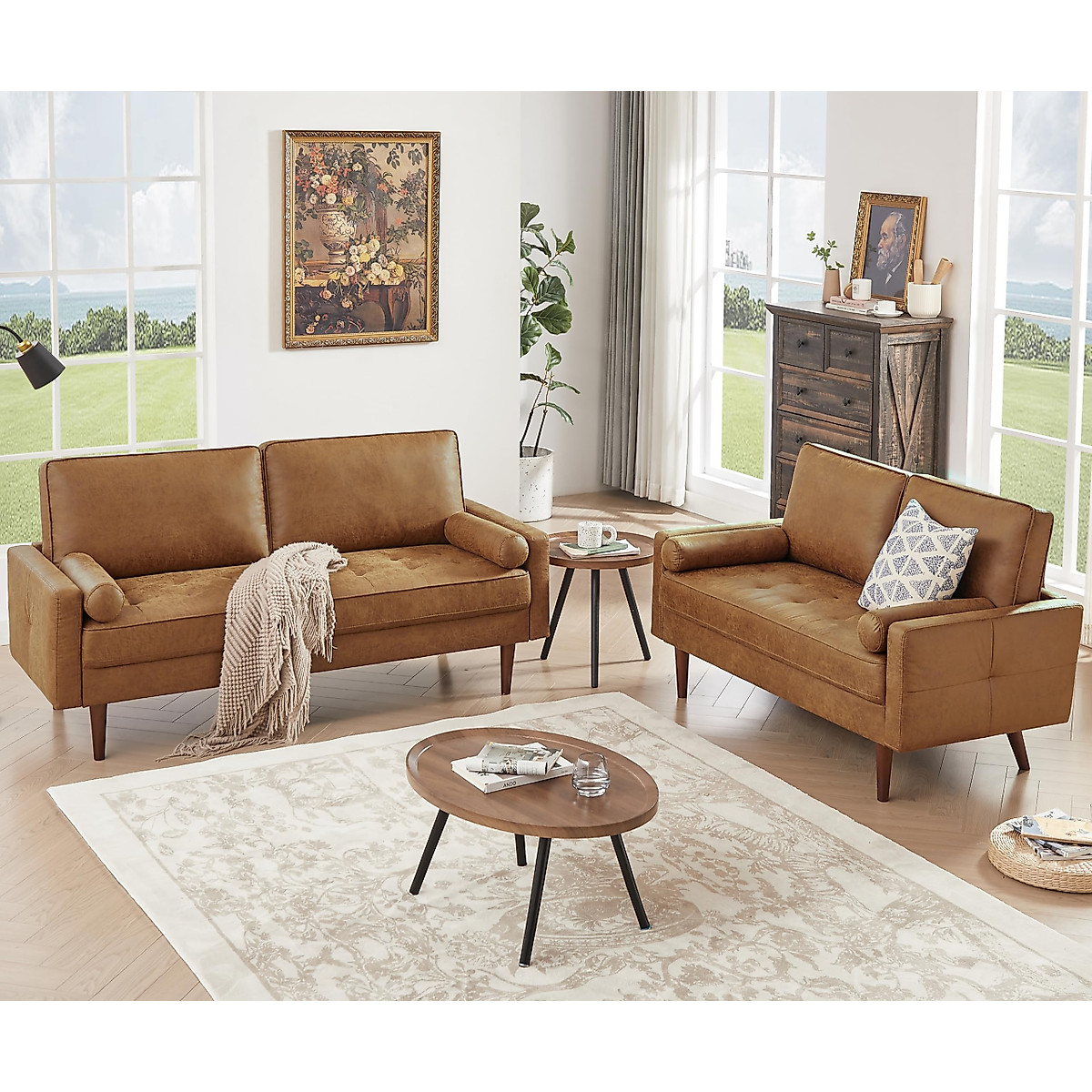 HIFIT 58" Loveseat Sofa Couch, Mid Century Modern Faux Leather Couch with Hand-Sewn Deep Love Seat & 2Pillows, Home Sofa Living Room Small Couches for Small Space,Bedroom,Office,Solid Wood Frame,Brown