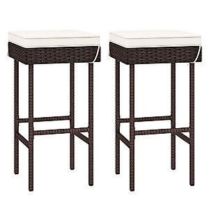Tangkula Patio Rattan Barstools Set of 2, Outdoor Wicker Bar Height Chairs with Footrest & Soft Cushions, Heavy-Duty Metal Frame, Cushioned Barstools for Backyard, Balcony