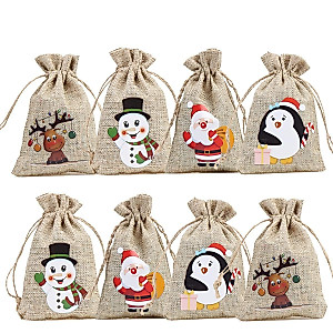 CCINEE 36pc Christmas Linen Bags with Drawstrings Christmas Burlap Goody Gift Bags with Double Jute Drawstrings, 4 designs Snowman, Santa Claus, Penguin and Elk
