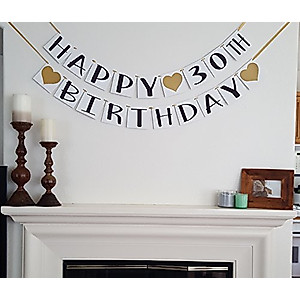 Happy 30th Birthday Banner - Gold Hearts and Ribbon - Birthday Decorations