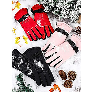 4 Pairs Winter Waterproof Snow Ski Gloves for Kids Warm Unisex Camouflage Gloves for Cold Weather Girls Boys Children (Red, Pink, Black, Black,for 6 - 12 Years Old)