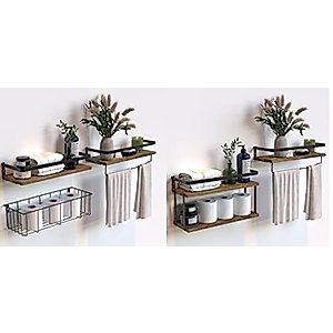 RICHER HOUSE Floating Shelves Set of 6, Rustic Wood Wall Shelf with Metal Frame, Extra Storage Rack for Bathroom, Kitchen, Bedroom with Tissue Rack & Towel Bar - Rustic Brown