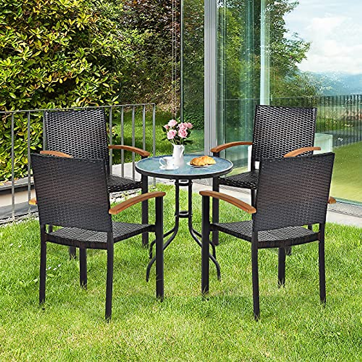 RELAX4LIFE Patio Rattan Dining Chairs Set Wicker Chairs with Steel Frame, Acacia-Covered Armrests Fire Pit Chairs for Porch, Poolside, Balcony, Lawn Indoor&Outdoor Furniture Armrest Chairs Set (4)