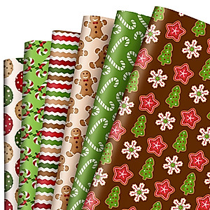 AnyDesign 12 Sheets Christmas Wrapping Paper Gingerbread Man Candy Canes Snowflake Gift Wrap Paper Bulk Xmas Folded Flat DIY Art Craft Paper for Birthday Holiday Party, 19.7 x 27.6 Inch