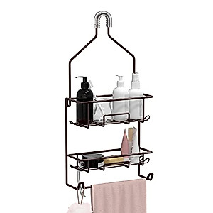 Shower Caddy Hanging over Shower Head Rust Roof Shower Organizer with 10 Hooks for Razor Shampoo Holder Bathroom Shower Rack Storage Shelf with Towel Bar – Bronze
