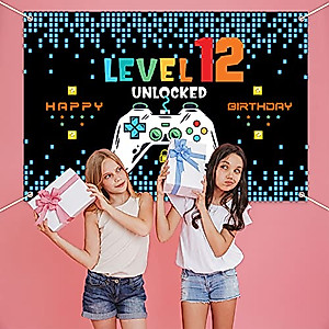 HAMIGAR 6x4ft Happy 12th Birthday Baner Backdrop - Level 12 Unlocked Birthday Decorations Party Supplies for Boys - Blue