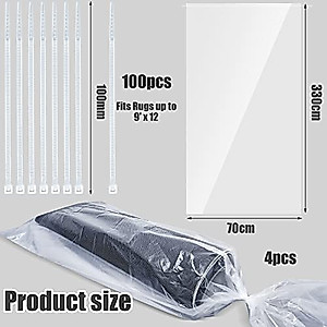 4 Pcs Rug Storage Bag and 100 Pcs Zip Tie 2 x 11 Ft Large Clear Carpet Bag Fits Rugs up to 9 x 12 Ft White Nylon Locking Cable Ties Plastic Area Rug Bag to Preserve Rolled Rugs for Moving or Storage