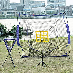 Soozier Baseball Practice Net Set with 7.5x7ft Catcher Net, Ball Caddy and Batting Tee, Portable Baseball Practice Equipment with Carry Bag for Hitting, Pitching, Batting, Catching, Purple