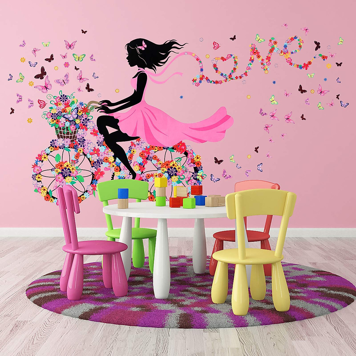 2 Sheets Flower Butterfly Girls Wall Decals for Bedroom Flower Fairy Wall Sticker and Murals Decorative Girl on Bicycle Girls Room Wall Stickers for Girls Kids Bedroom Birthday Party Favor
