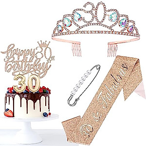 30th Birthday Decorations for Girls, Rose Gold Sweet Rhinestone Tiara Crown, Happy Birthday Cake Toppers, Birthday Queen Sash with Pearl Pin, Number Candles