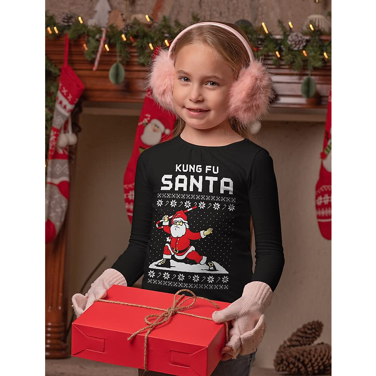 Kungfu Santa Claus Funny Youth Kids Ugly Christmas Shirt Tacky Sweater Style Xmas Holiday Long Sleeve T-Shirt Medium Black