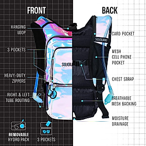 SOJOURNER Rave Hydration Pack Backpack - 2L Water Bladder Included for Festivals, Raves, Hiking, Biking, Climbing, Running and More (Holographic - Blue)
