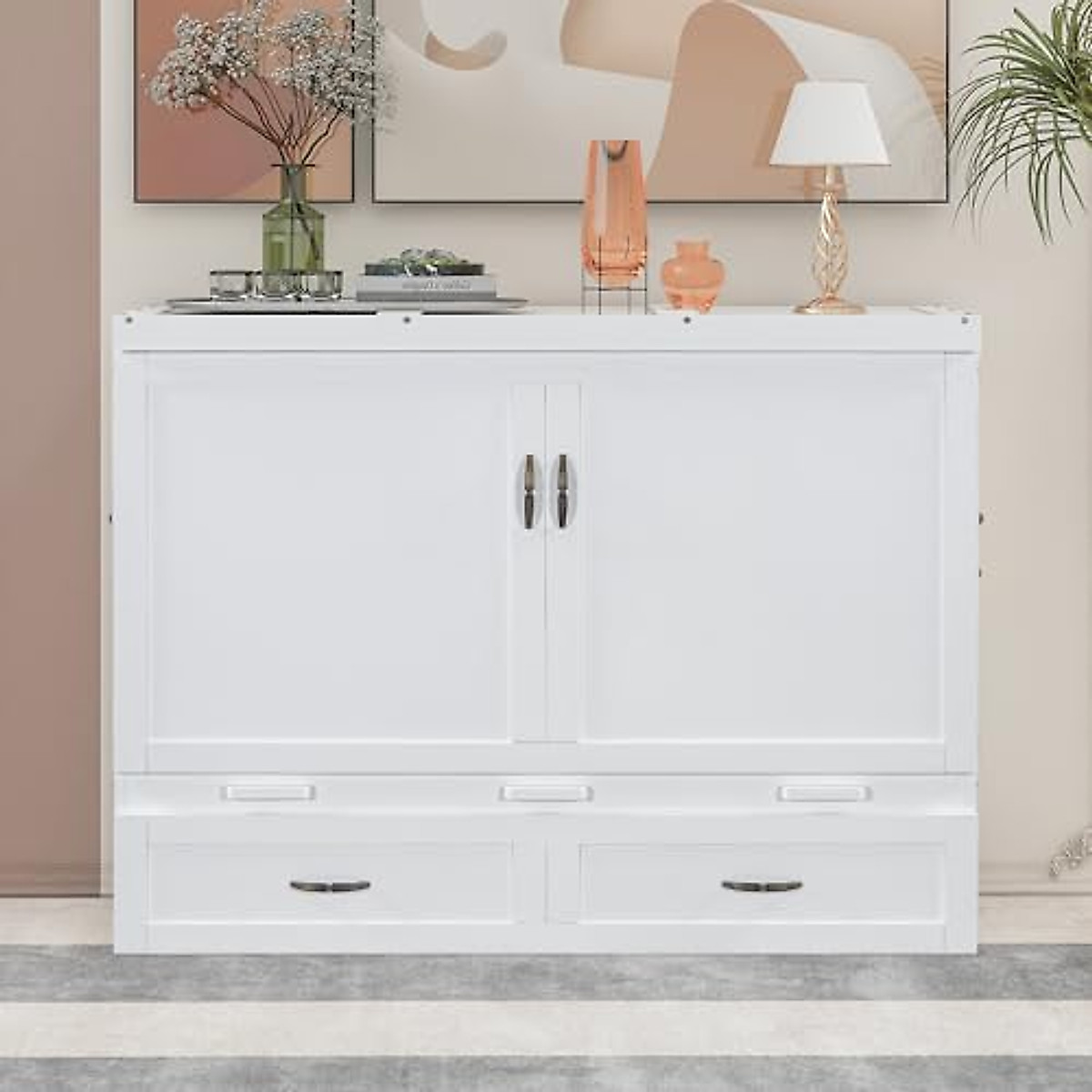 WADRI Full Size Murphy Bed with USB Port and a Large Drawer, Wood Mobile Murphy Chest Bed, Muti-Functional Cabinet Bed for Home Office or Small Room (White-Full-32)