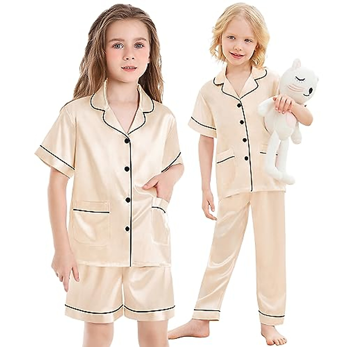 SWOMOG Kids Satin Pajamas Set 3Pcs Girls Boy Silk Pjs Set with 2 Pockets Short Sleeve Cute Button Down Sleepwear 4T-13T Champagne
