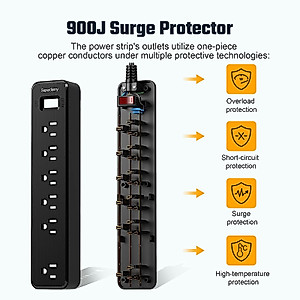 SUPERDANNY 6-Outlet Surge Protector Power Strip, 4.5 Ft Extension Cord, 900 Joules, Overload Switch, Standard Plug, Grounded, Integrated Circuit Breaker, Wall Mount, for Home, Office, Black