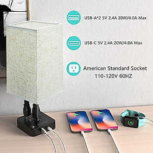 COZOO USB Bedside Dimmable Table Desk Lamp with 2 USB Charging Ports 2 Outlets Power Strip,Black Charger Base Flaxen Fabric Shade, LED Light for Bedroom/Nightstand/Living Room/Dorm/Home Office/College