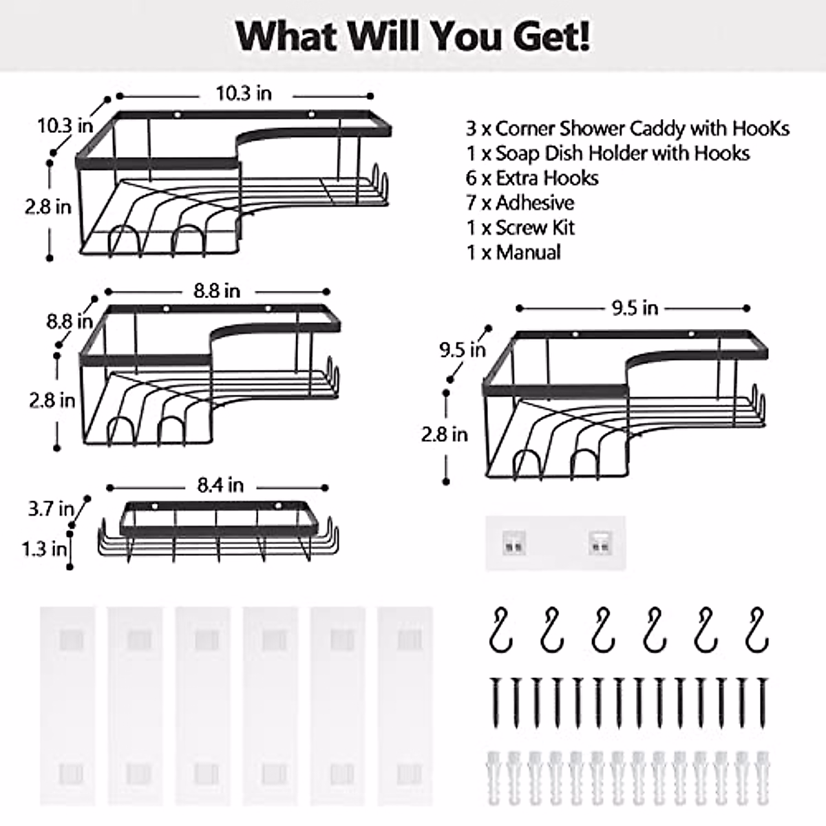 Vmiya 4 Pack Shower Caddy Corner with Hooks and Soap Holder, Adhesive Corner Shower Shelf for Inside Shower Basket Rack Storage, Stainless Steel Shower Shelf for Bathroom with 6 Removable Hooks Black