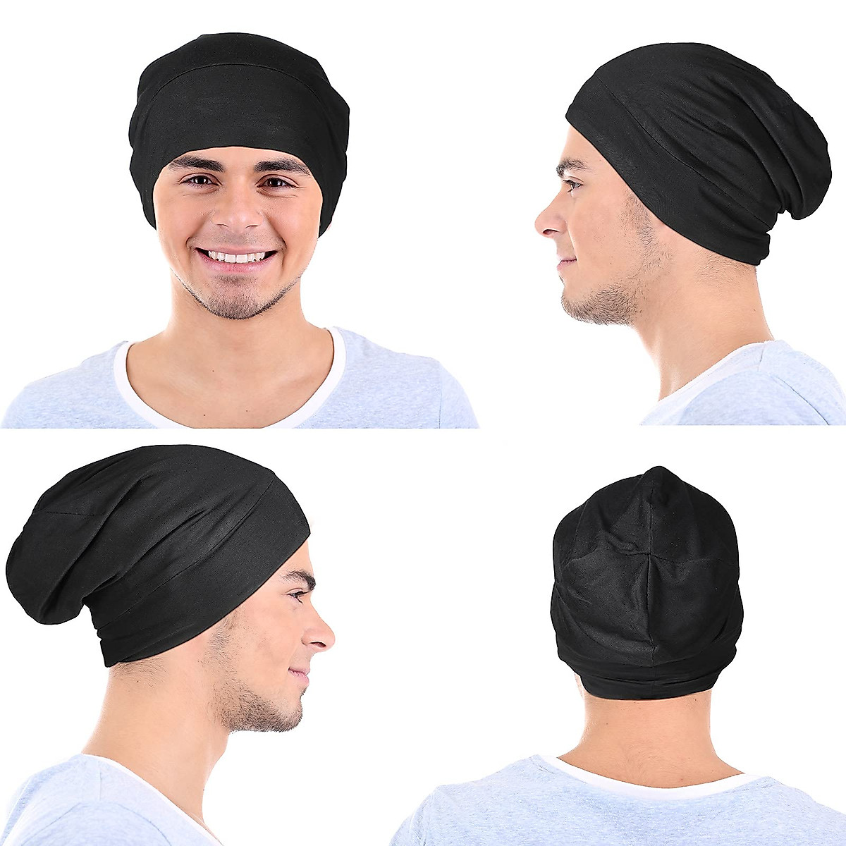 2 Pieces Silk Satin Bonnet for Mens with Natural Curly Wave Hair (Black, Dark Grey)