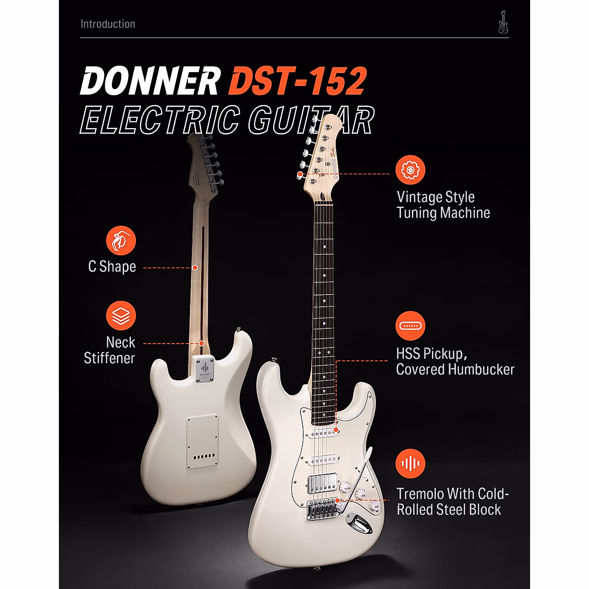 Donner Electric Guitar, DST-152 39&quot; Electric Guitar Starter Kit HSS Pickup Coil Split, with Amp, Bag, Accessories, Polar White