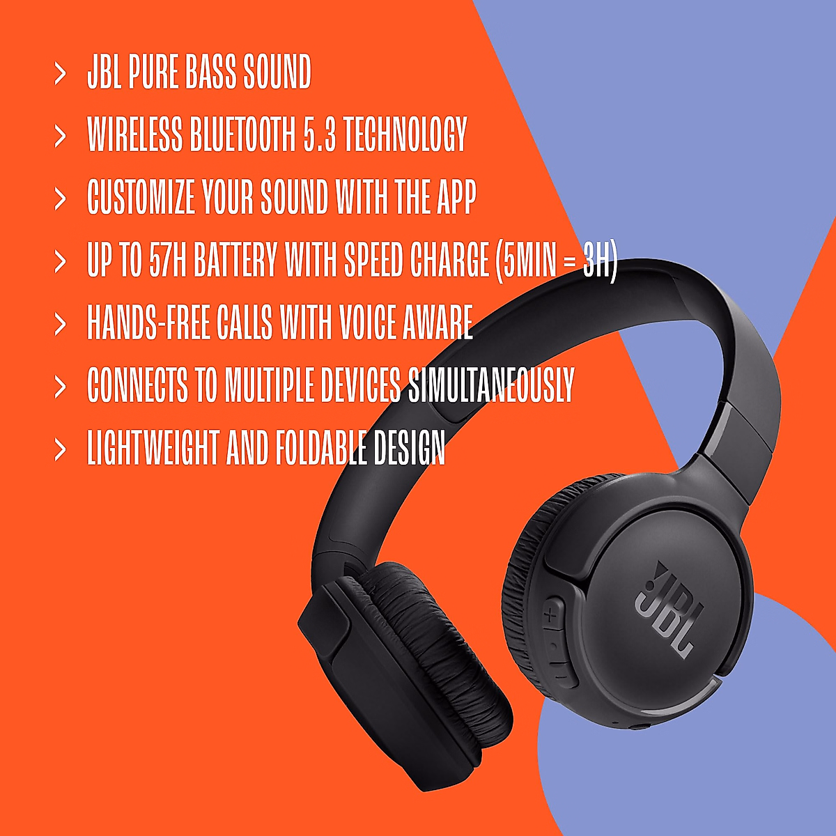 JBL JBLT520BTBLKAM-Z Tune 520BT Wireless on-ear Headphones, Black - (Renewed)
