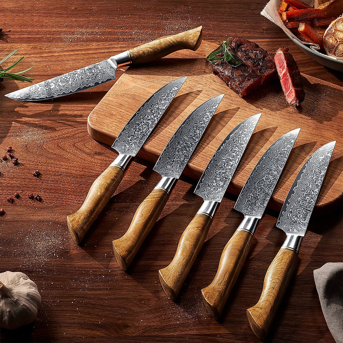 SENKEN 6-Piece Damascus Steel Steak Knife Set - Non-Serrated Steak Knives with Sycamore Wood Handles - The Dynasty Collection - 67-Layer Japanese VG10 Steel (6-Piece Steak Knife Set)