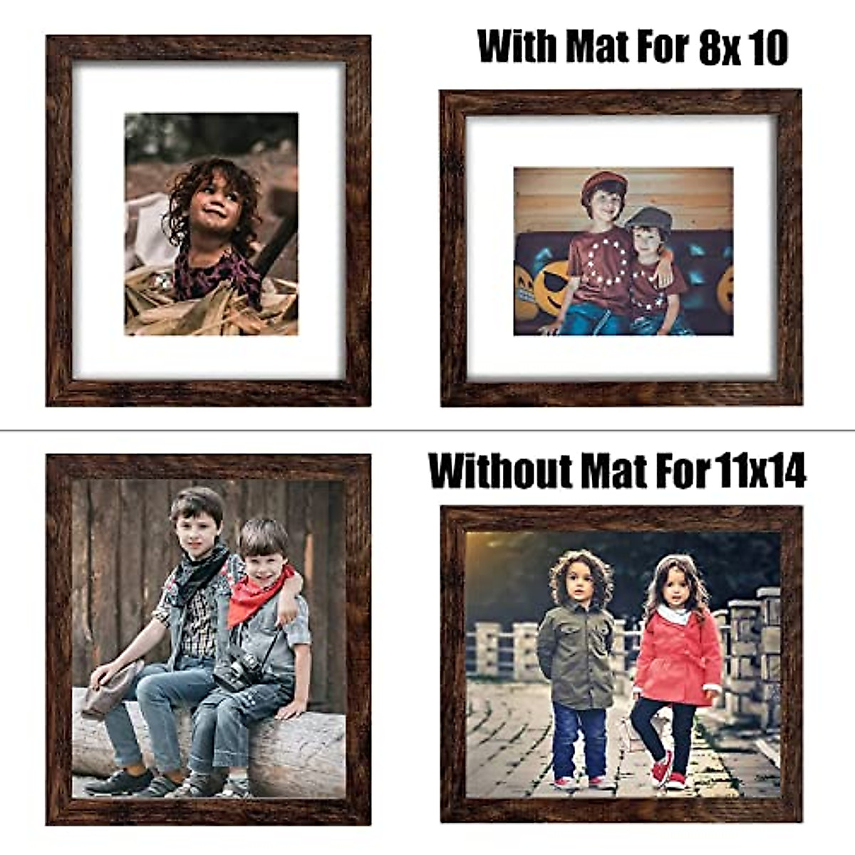 ZIRANLING 11x14 Picture Frame Rustic Brown Wood Set of 6,Display Pictures 8x10 with Mat or 11x14 Without Mat,Multi Photo Frames Collage for Wall