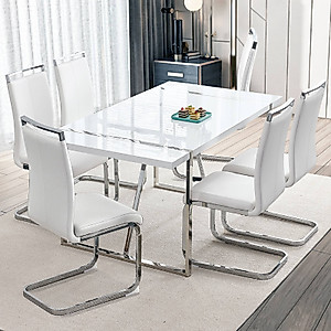Dining Table Set for 6，White Rectangular MDF Kitchen Table and Leather Dining Chairs Set of 6, 7 Piece Dining Table Set，Modern Metal Frame Dining Room Table Set 6 with Metal Frame For Kitchen