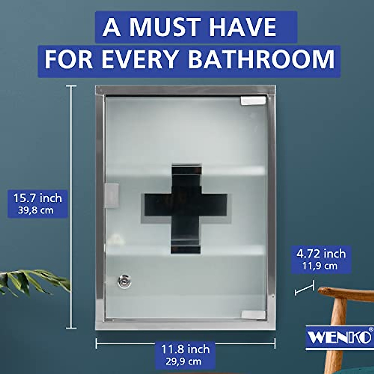 WENKO Medicine Cabinet with Lock, Wall mounted Bathroom Storage, Hanging Medical Cabinet, First Aid Wall Cabinet with Safety Glass Door, Modern, Medium, 11.8 x 15.7 x 4.7 in, Silver Shiny