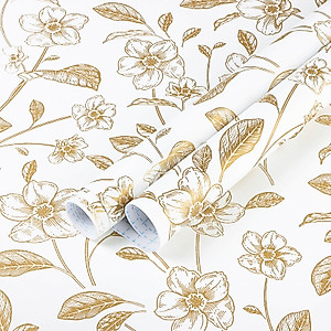 Heroad Brand Floral Peel and Stick Wallpaper Boho Contact Paper White and Gold Leaf Wallpaper Clearance Peel and Stick Wallpaper for Cabinets Shelf Liner Vinyl Roll Self Adhesive 78.7"x17.3"