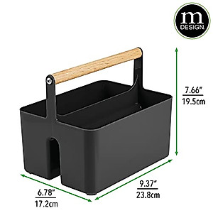 mDesign Plastic Portable Shower Caddy Divided Basket Bin Storage Organizer with Wood Handle for Bathroom Vanity, Dorm Shelf & Cabinet - Holds Shampoo, Conditioner - Aura Collection - Black/Natural