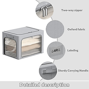 3Pack Clothes Storage Bins - Oxford Frame Storage Box Foldable Stackable Storage Organizer with 3 Openings Design, Metal Frame, Clear Window, Carry Handles (36L-15.7 * 11.8 * 11.8in, Grey)