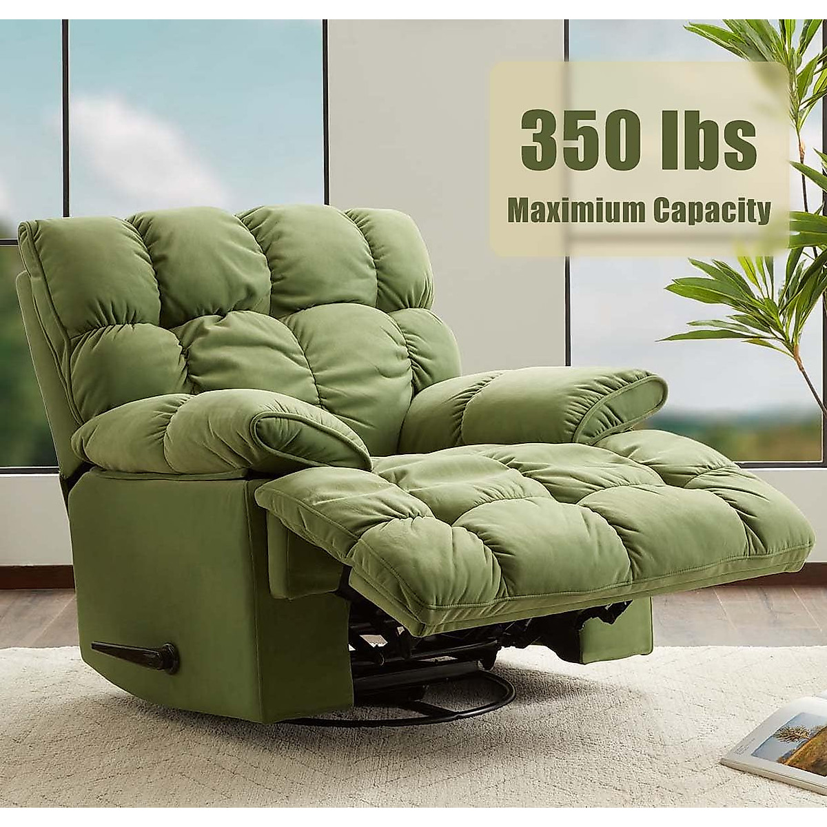 Oversized Rocker Recliner Chair, Manual Swivel Rocker Recliner for Living Room, Overstuffed Rocking Chair with Breathable Velvety Fabric, Soft Padded Headrest and Armrest, Green3