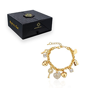Aphrodite’s Magic in a Box Love Locked Charm Bracelets for Women, 9 fun Charms Bracelet with Deluxe Gift Box, Birthday Christmas Jewelry Gift for Girls, Mom, Wife, Sister and Friend